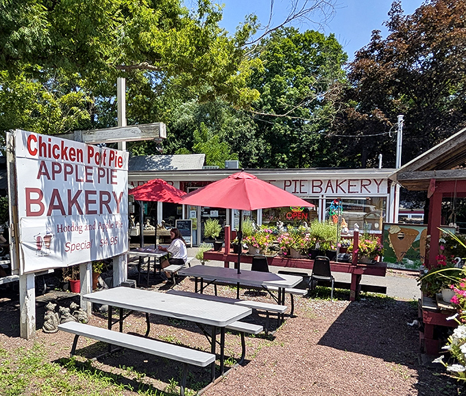 Outdoor seating under cheerful umbrellas where picnic tables invite you to enjoy your treasures with a side of fresh Pocono Mountain air.