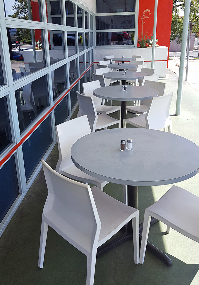 Outdoor seating that's perfectly Austin&mdash;simple, functional, and ready for those perfect Texas mornings when the weather cooperates.