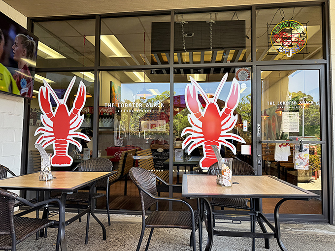 The outdoor seating area, complete with lobster-adorned windows, offers al fresco dining where the only thing fresher than the air is the seafood.