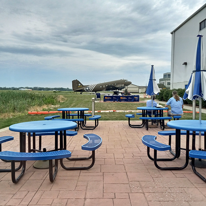 Outdoor tables with a view of vintage aircraft &ndash; only in Ohio can lunch come with an impromptu airshow.