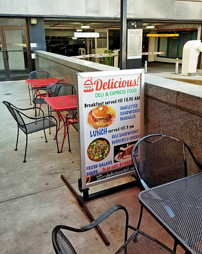 Outdoor seating that doesn't pretend to be a Parisian caf&eacute;&mdash;just a practical spot to enjoy your sandwich with a side of fresh air.