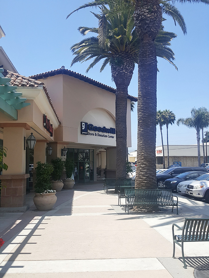 The welcoming exterior promises adventures in secondhand shopping beneath swaying California palm trees.