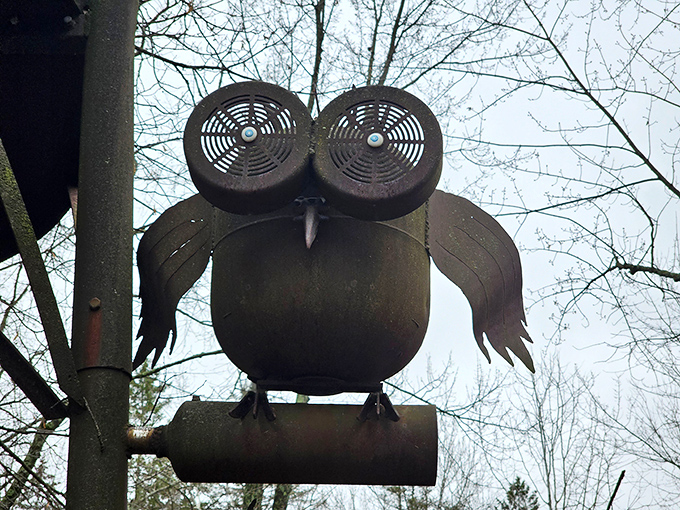 "Whooo goes there?" This wide-eyed metal owl keeps perpetual watch over the park grounds, its industrial-chic design blending vintage parts with artistic vision.