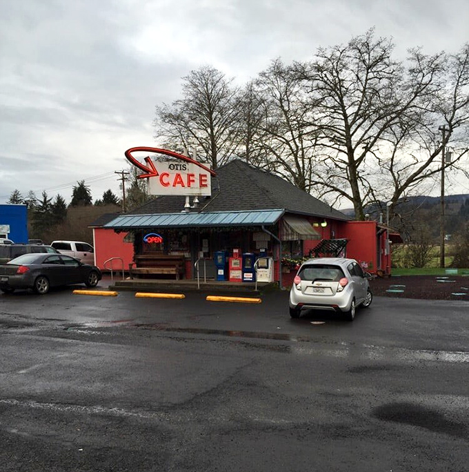 Even on gray Oregon days, the bright red cafe stands out like a culinary lighthouse guiding hungry travelers to safe harbor.