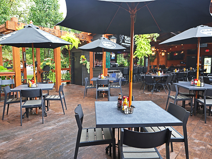 Outdoor seating that invites you to linger over another round while enjoying Ohio's fleeting perfect weather days under market umbrellas.