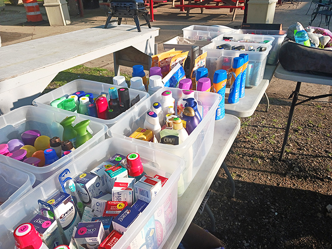 Personal care products gather like hopeful contestants at a beauty pageant. The half-empty bottle of Olay might just find its forever home today.
