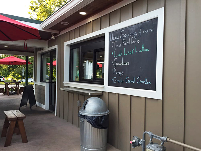 Farm-to-table isn't just a buzzword here. This chalkboard proudly displays The Mug's local sourcing commitments.