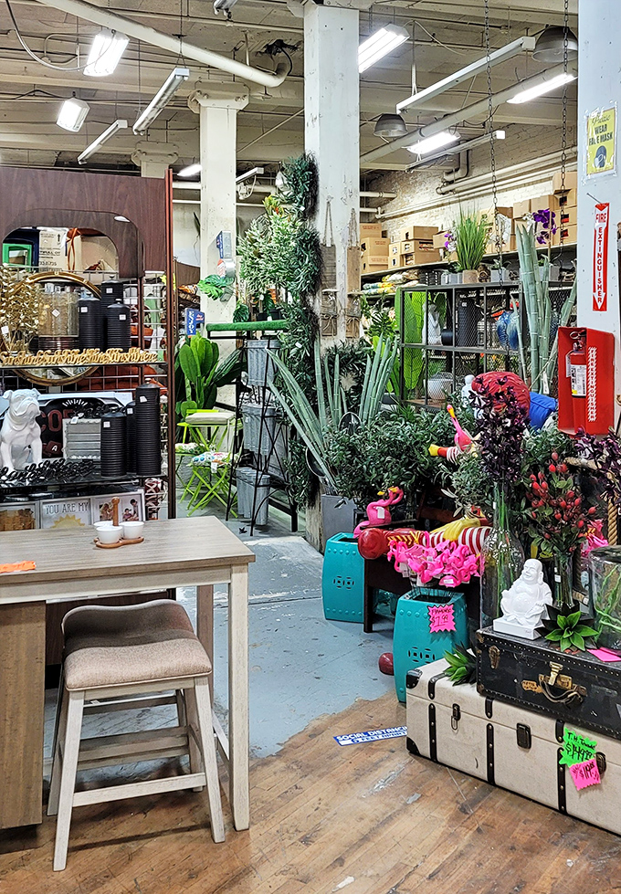 Artificial greenery creates an urban jungle where maintenance-free plants thrive under fluorescent sunshine, no watering required whatsoever.