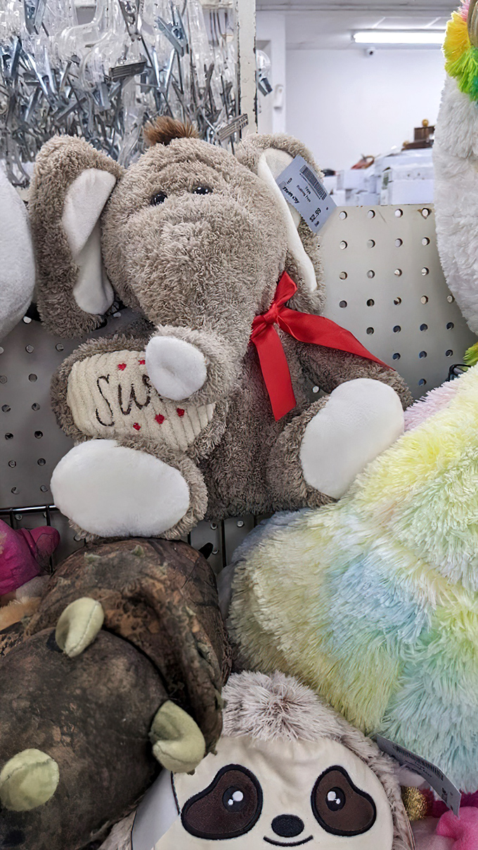 Stuffed animals with price tags for ears wait for second chances at cuddle-time &ndash; that elephant has seen some things but kept his red bow tie.