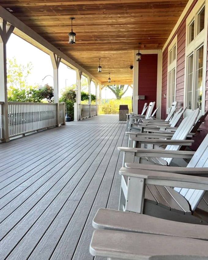 The wraparound porch with its row of white rocking chairs practically begs you to sit a spell, digest that ribeye, and watch the Indiana sunset.