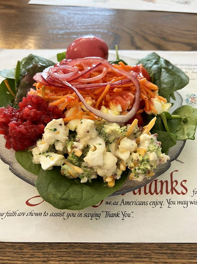 Fresh garden salad with vibrant vegetables shows that healthy options can be just as appealing here.