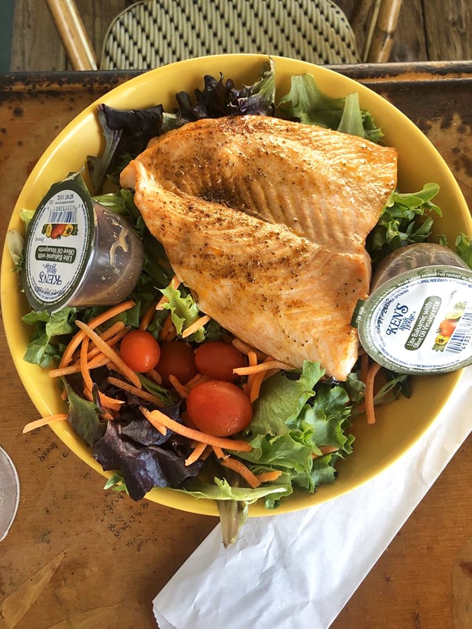 A salmon salad that makes eating greens feel like an indulgence rather than a obligation. Health food that tastes like vacation.