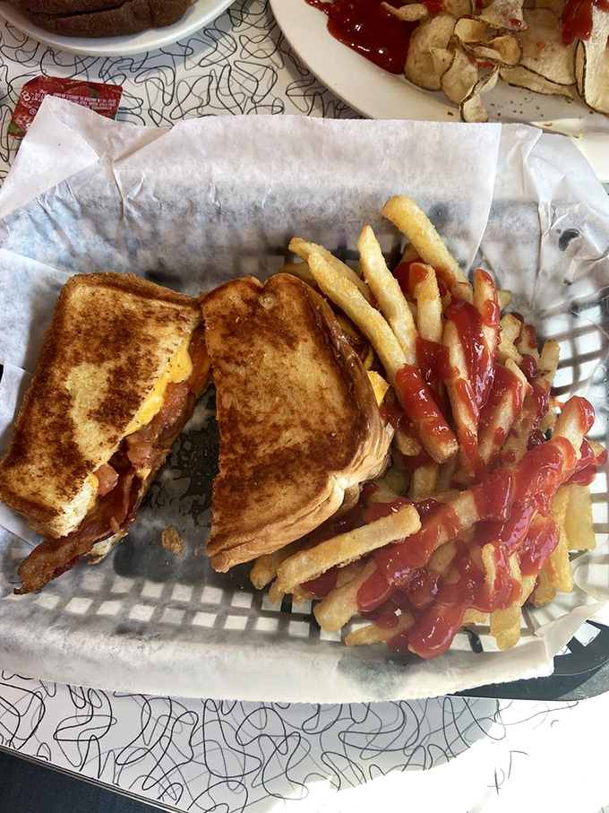 The grilled cheese that graduated with honors. Golden-brown, butter-kissed bread hugging melted cheese, with crispy fries as willing accomplices.