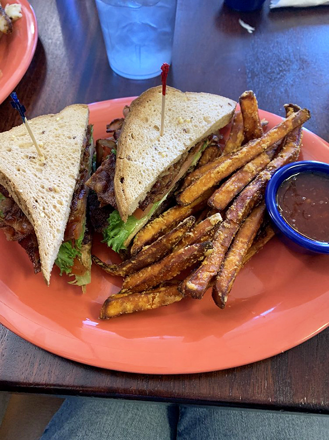 A sandwich built with intention, not just assembled. Those sweet potato fries aren't merely a side&mdash;they're co-stars in this lunch production.