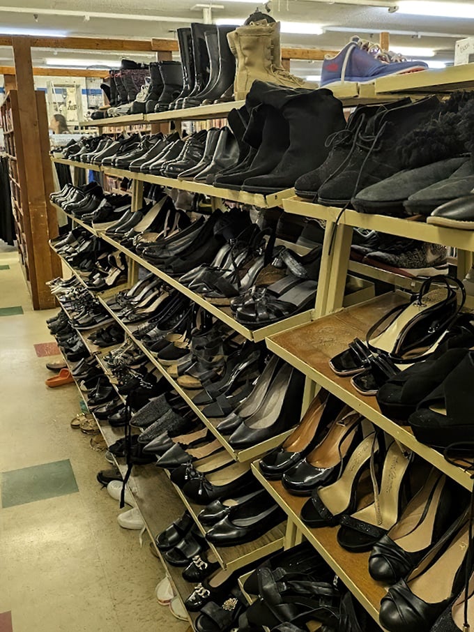 Shoe paradise where leather loafers mingle with practical boots. Someone's "too tight" purchase becomes your perfect fit in this footwear lottery.