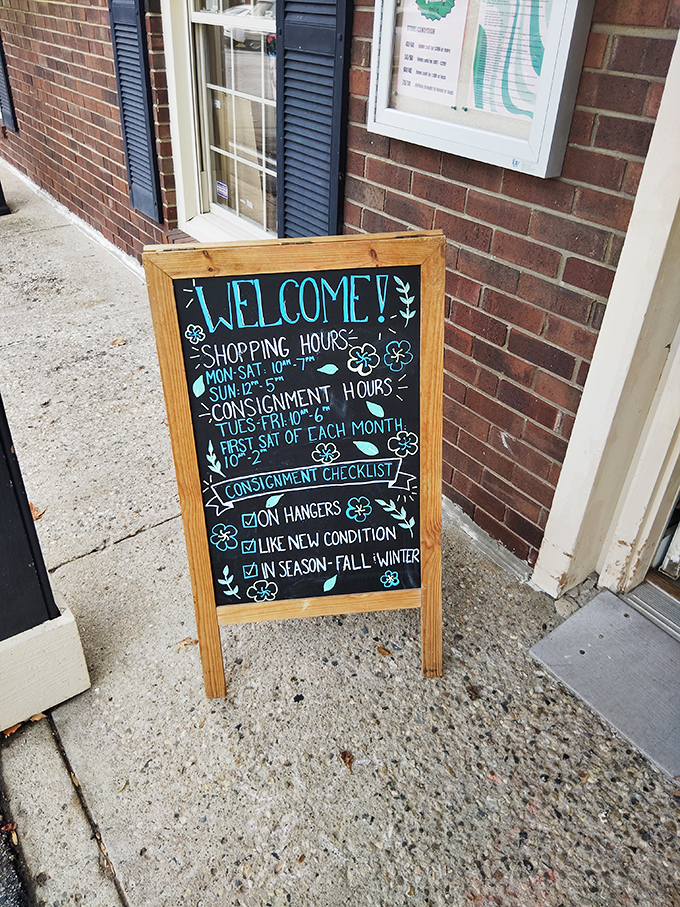 Rules of engagement for treasure hunters. This charming chalkboard outlines the consignment commandments while welcoming shoppers to the sustainable fashion party.