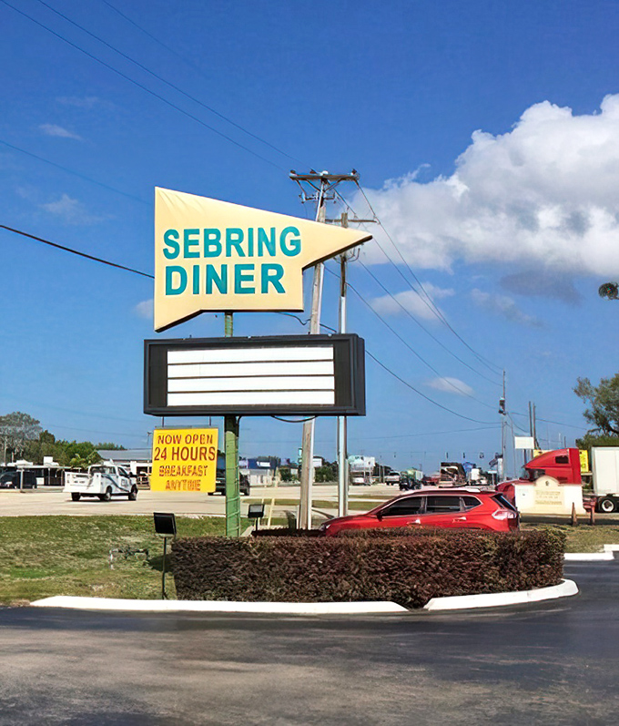 The roadside sign announces "Breakfast Anytime"&mdash;three syllables that rank among the most beautiful in the English language, right after "all-you-can-eat." 