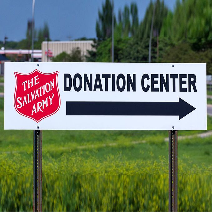 The iconic red shield points the way to the donation center. Your cast-offs become someone else's treasures in this beautiful cycle of reuse.
