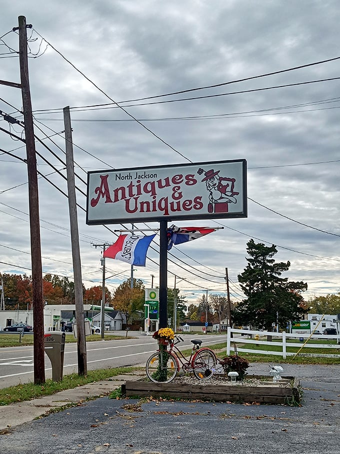 The roadside sign stands like a beacon for bargain hunters. That decorative bicycle has probably inspired more impromptu photo ops than actual transportation.