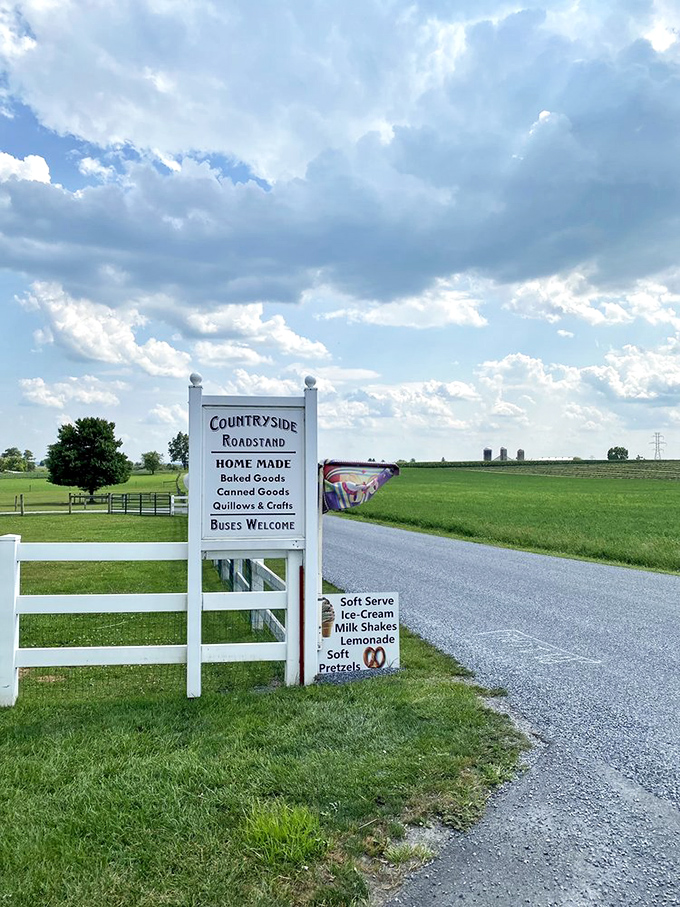 The roadside sign stands like a beacon of hope for hungry travelers. "Civilization ahead&mdash;and they have pretzels!"