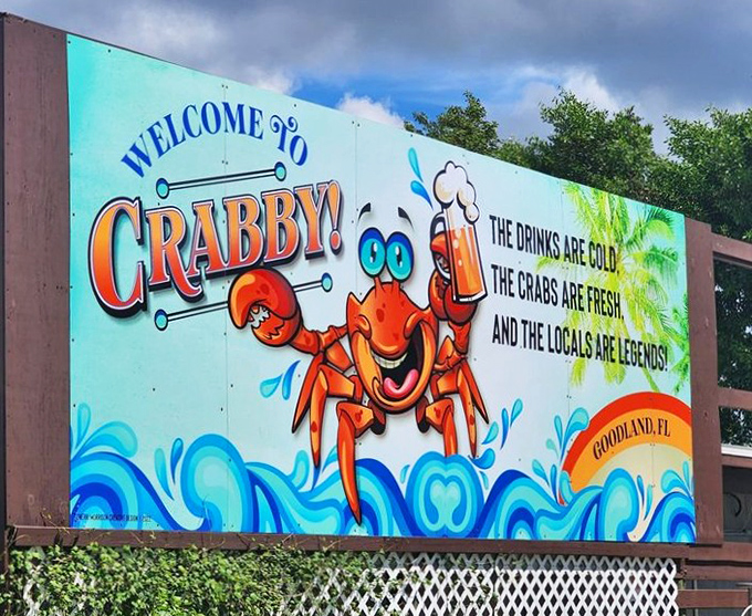 "The locals are legends" says it all. This whimsical sign captures the spirit of Goodland—where seafood and characters are equally colorful.