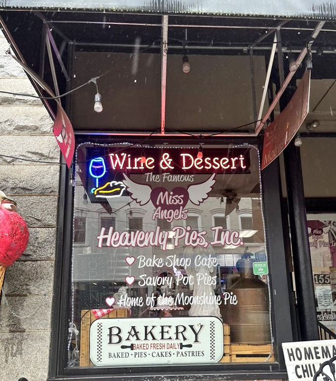 The neon sign promises "Wine & Dessert"&mdash;two words that, when combined, create the universal language of "You deserve this treat."