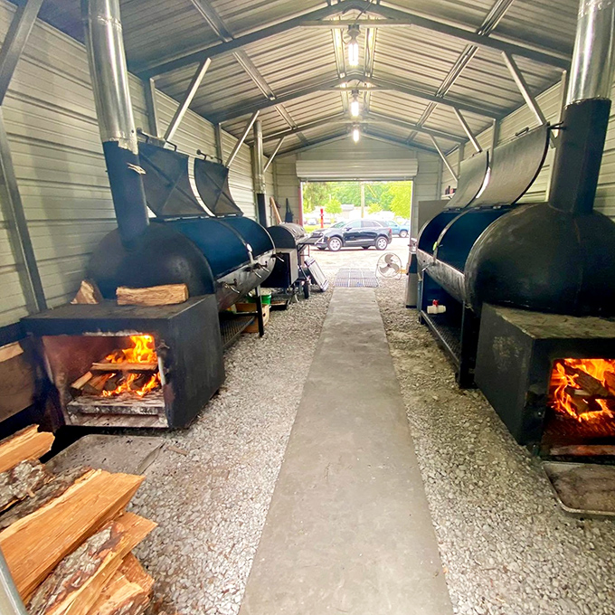 The holy grail for BBQ enthusiasts&mdash;a glimpse into the smoker sanctuary where magic happens. Those glowing fires are transforming tough cuts into treasures.