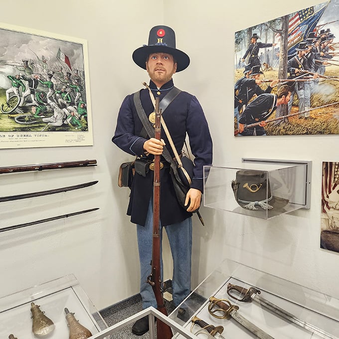 The Civil War soldier stands at attention, reminding us that America's military history is also preserved within these castle walls.