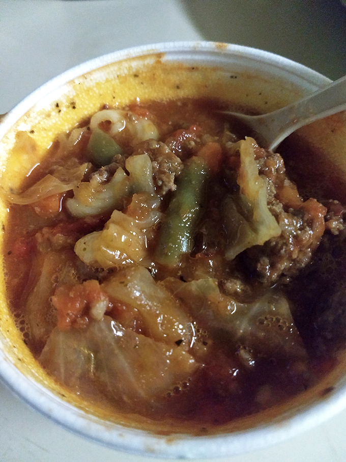 A hearty soup that looks like it could cure anything from a cold to a bad day &ndash; chunks of vegetables and meat swimming in savory harmony.