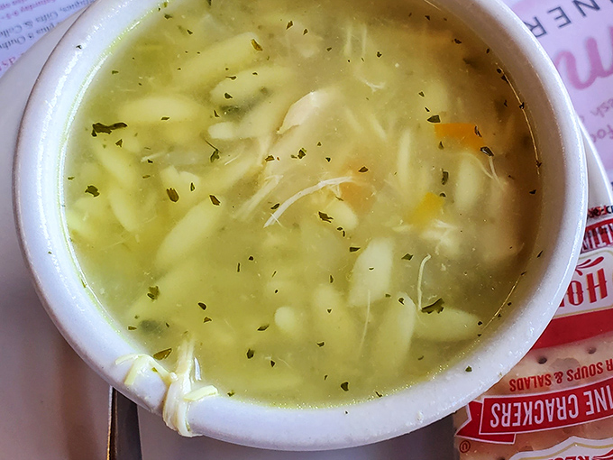 A steaming bowl of homemade chicken soup, swimming with noodles and herbs&mdash;the universal language of "someone cares about you" in liquid form.