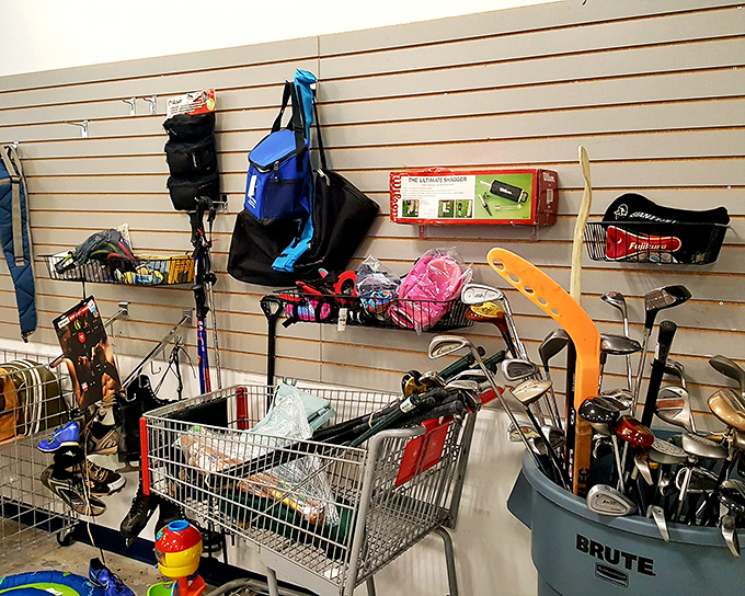 Sporting goods corner: where golf clubs, tennis rackets, and abandoned New Year's resolutions find new homes. Someone else's fitness failure becomes your equipment bargain.