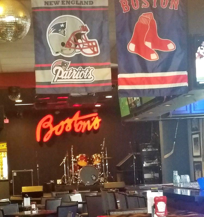 Where live music meets sports passion&mdash;Patriots and Red Sox banners watch over a stage that hosts everything from cover bands to trivia nights.