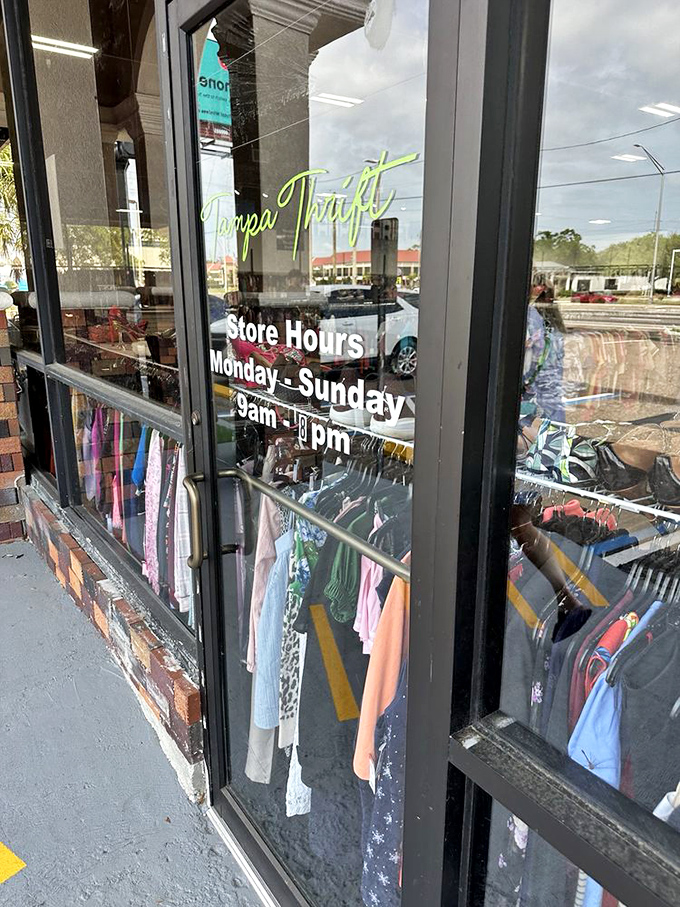 Store hours posted on the door promise daily opportunities for bargain hunting. The thrift gods are generous with their availability.