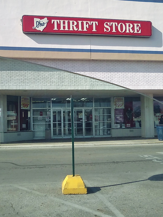 The iconic Ohio Thrift sign beckons bargain hunters like a retail lighthouse. Those $9.99 specials in the window are just the beginning. 