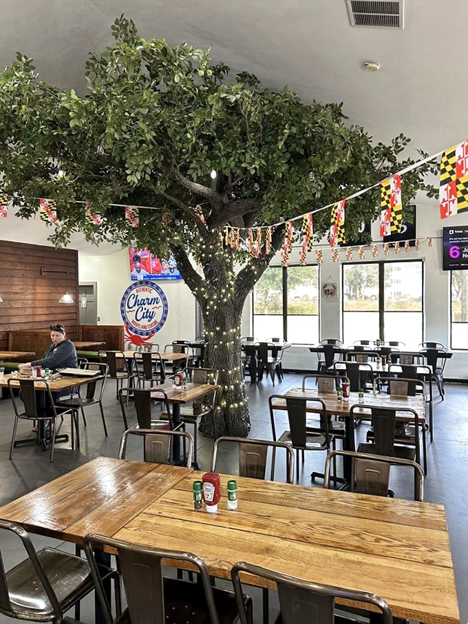 Maryland state flags flutter above sturdy wooden tables, while that magical tree creates a dining experience that feels both outdoors and in.