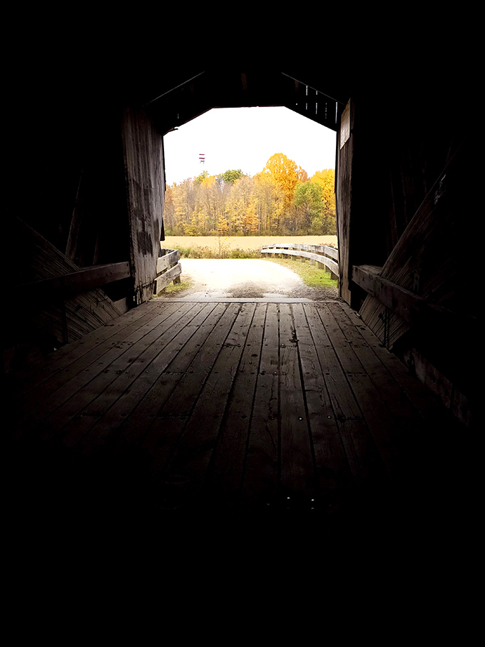 Inside the covered bridge, dappled sunlight creates cathedral-like atmosphere without the collection plate.