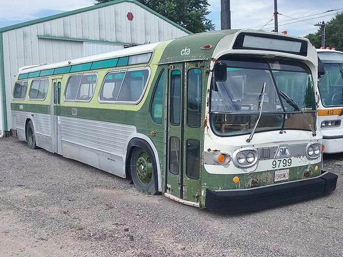 The preserved CTA bus #9799 reminds us that public transportation history extends beyond rails to include Chicago's iconic green and cream coaches.