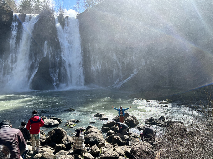 Waterfall worshippers gather at the shrine of splendor, where raising your arms in triumph is the appropriate response to such magnificence.