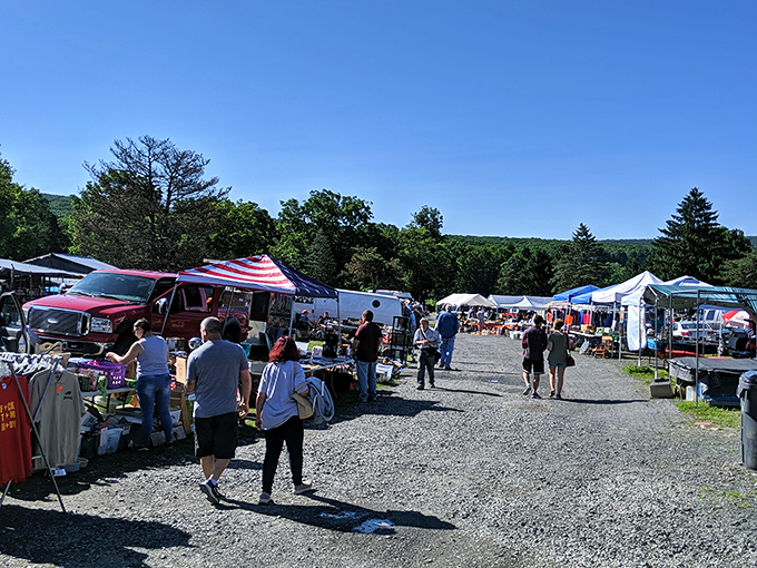 The flea market shuffle&mdash;part treasure hunt, part social event. Notice how everyone walks with that "I might find something amazing" posture.