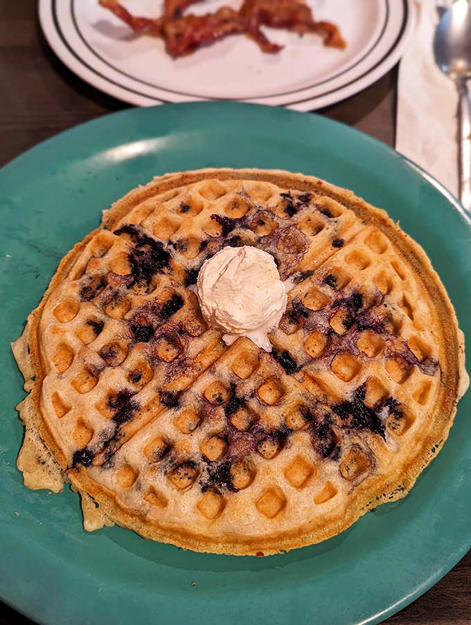 This blueberry waffle with its melting butter center is what breakfast dreams are made of—crispy edges, fluffy interior, pure joy.