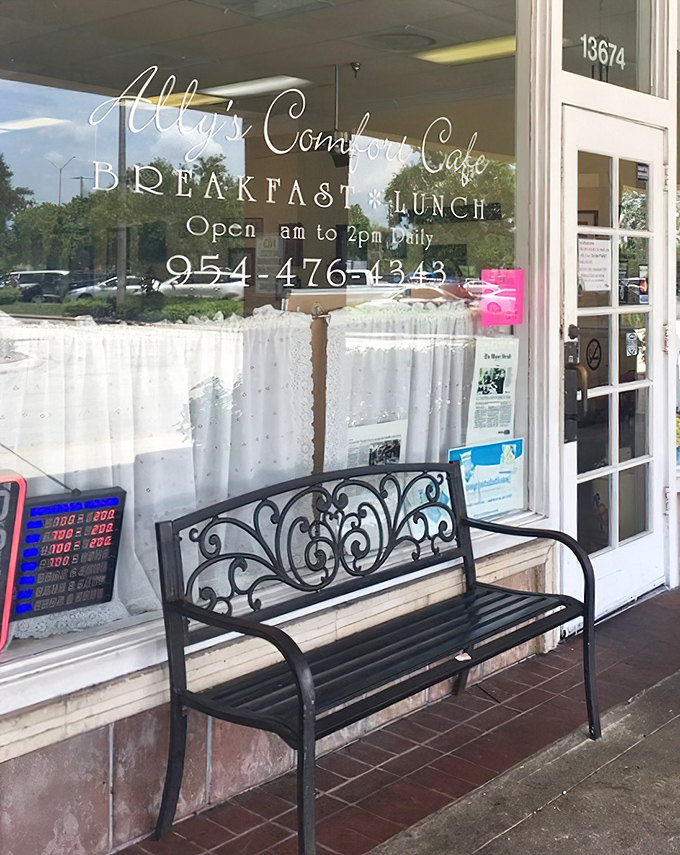 The entrance bench&mdash;where anticipation builds and the aroma of bacon serves as your appetizer before you've even stepped inside.