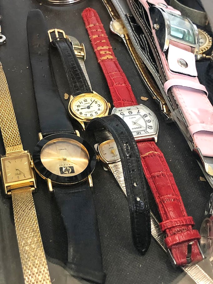 Watches frozen in time until they find new wrists to adorn. That gold timepiece probably witnessed some serious 1980s power lunches.