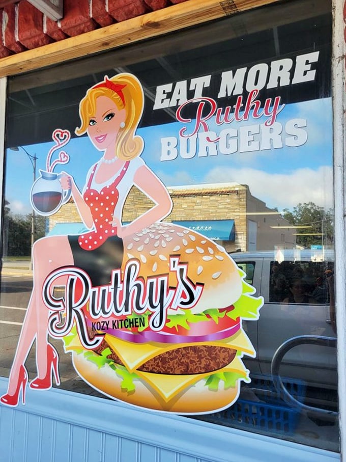 Window art that promises burger bliss&mdash;because sometimes breakfast just isn't enough time with Ruthy's magical cooking.