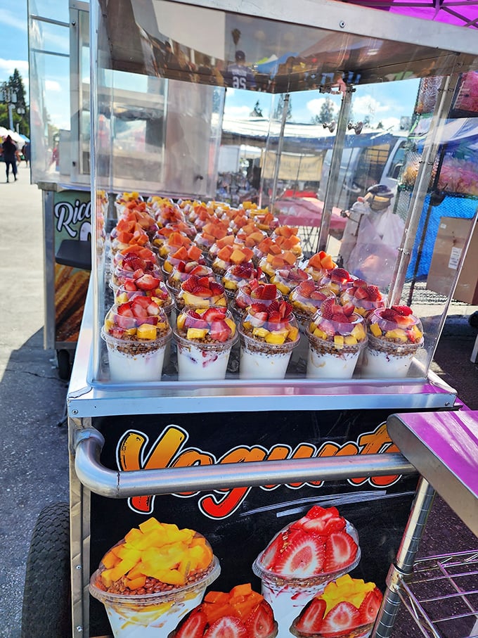 Dessert cups that combine yogurt, fresh fruit, and photogenic appeal &ndash; the Instagram stars of swap meet food courts everywhere.