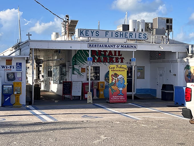 The cheerful blue cartoon character promises seafood that's serious business – from boat to plate in record time.