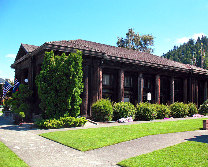 The sturdy redwood construction of Scotia's historic buildings stands as a testament to the town's logging legacy.