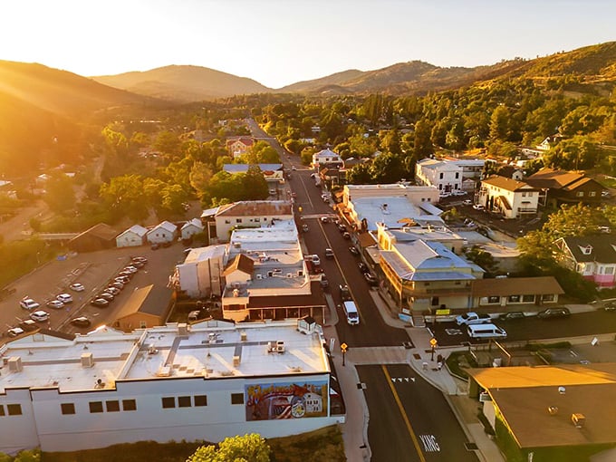 From above, Mariposa reveals itself as a perfect ribbon of civilization nestled among golden hills and green valleys.