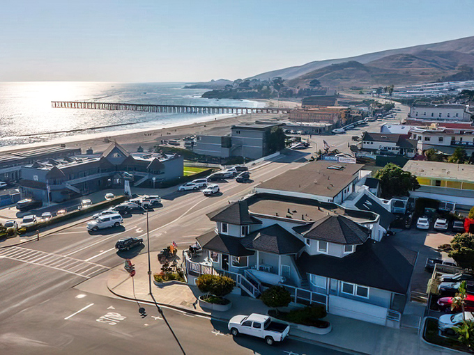From above, Cayucos reveals its perfect positioning&mdash;nestled between rolling hills and the vast Pacific, a town that refuses to be rushed.