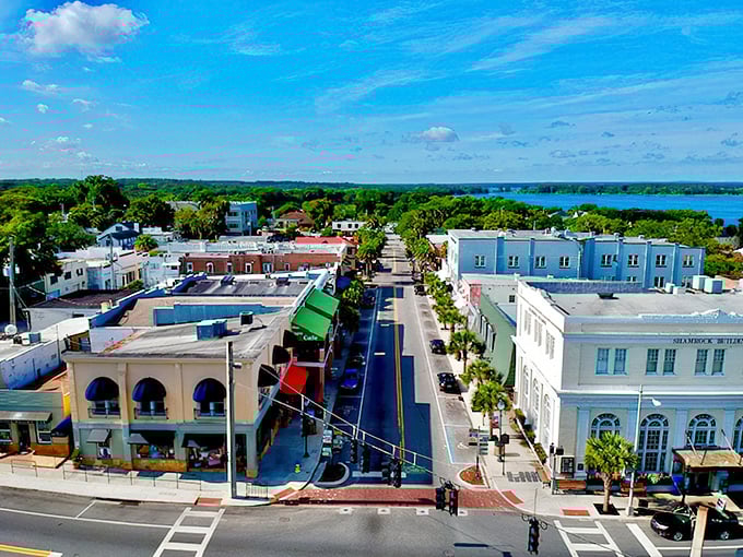 From above, Mount Dora reveals its perfect layout: historic downtown nestled against sparkling Lake Dora, like Florida's answer to a European village.