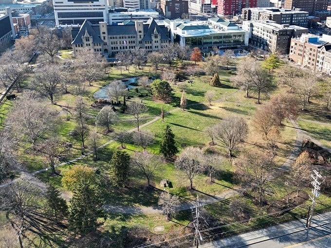 Bird's-eye brilliance! From above, the park's master plan unfolds&mdash;a green jewel nestled in Columbus's urban landscape, just waiting to be discovered.